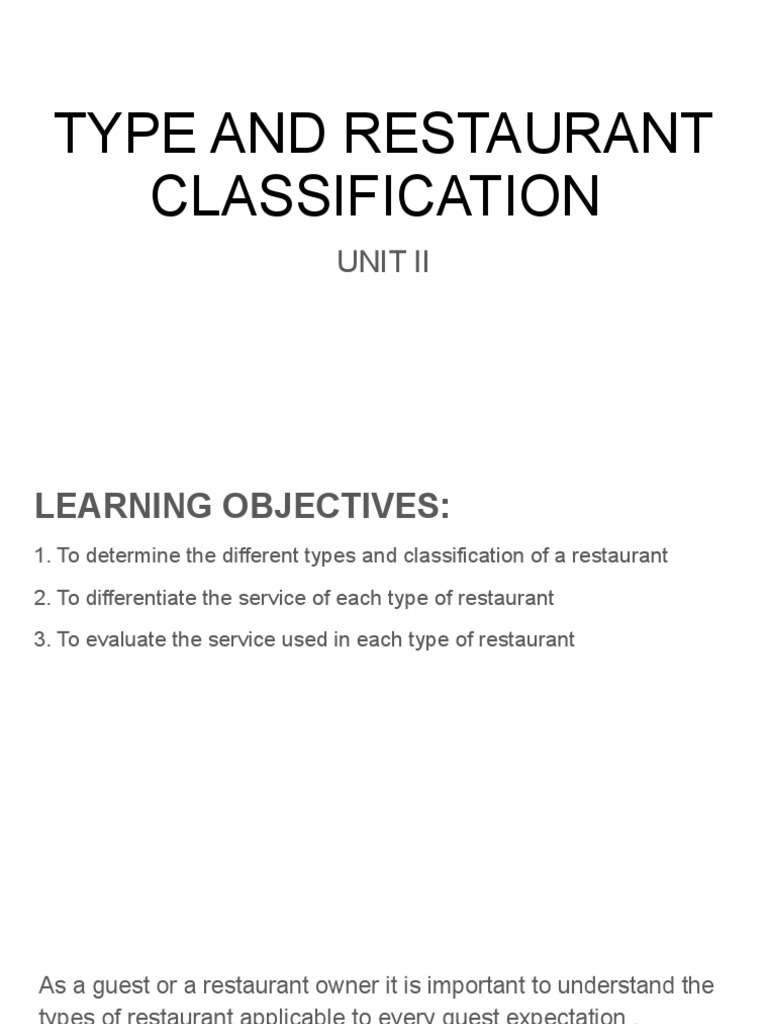 Type and Restaurant Classification | PDF | Restaurants | Food And Drink