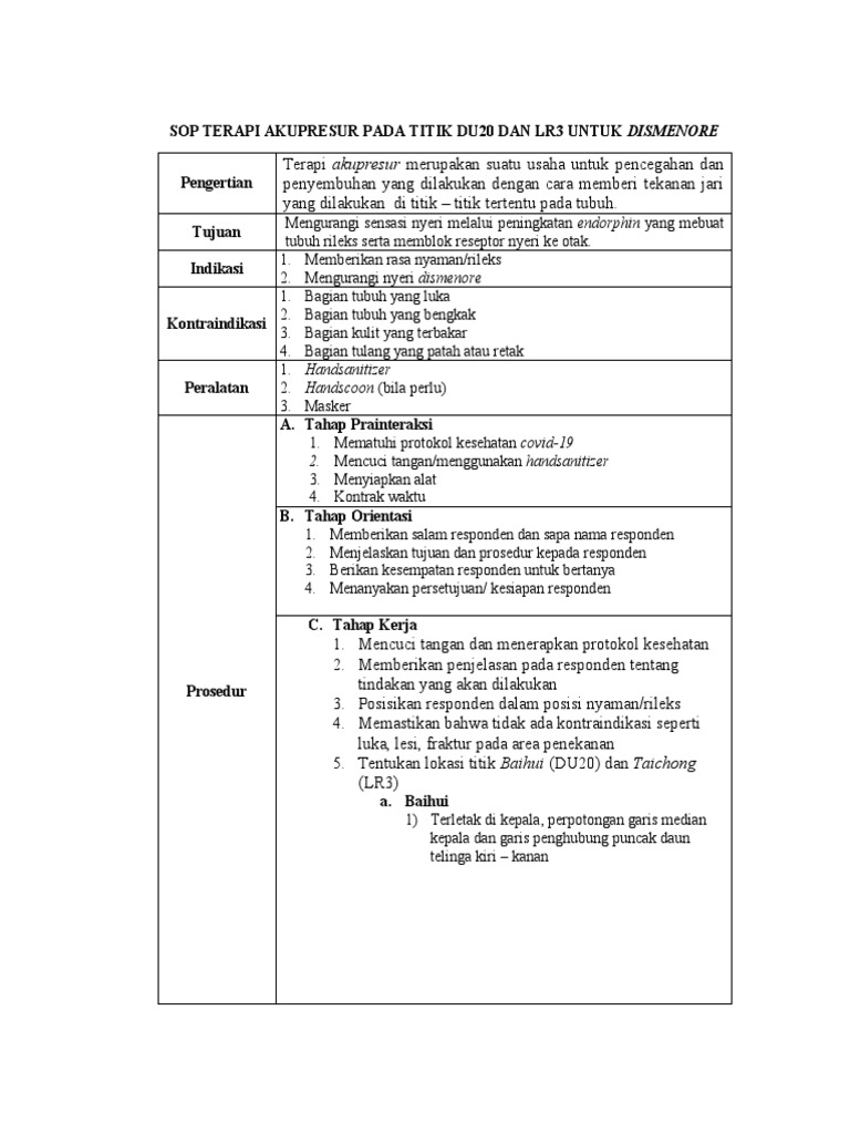 Sop Terapi Akupresur Pada Titik Du20 Dan Lr3 Untuk Dismenore | PDF