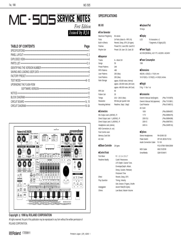 Roland Mc 505 Service Notes | PDF | Synthesizer | Sound Technology