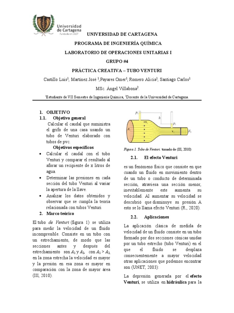 Informe Practica Creativa - Tubo Venturi | PDF | Descarga (hidrología) | Presión