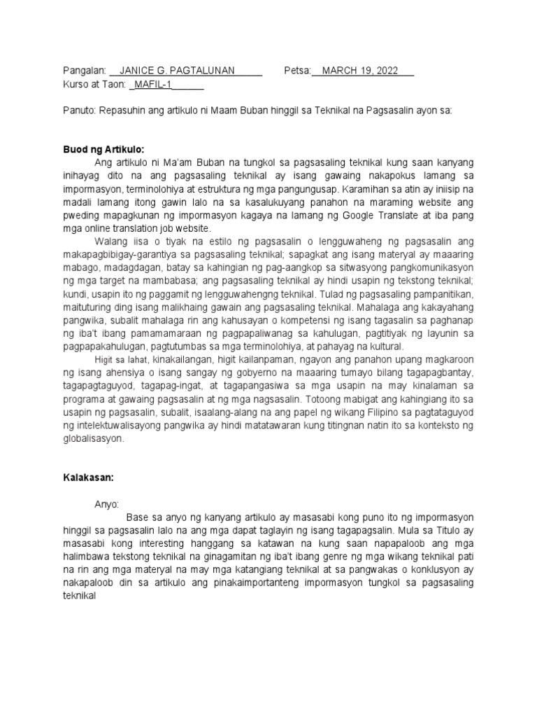 Pagrepaso Sa Artikulo | PDF