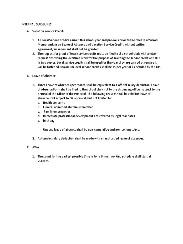 INTERNAL GUIDELINES - Leave If Absence and Service Credits | PDF