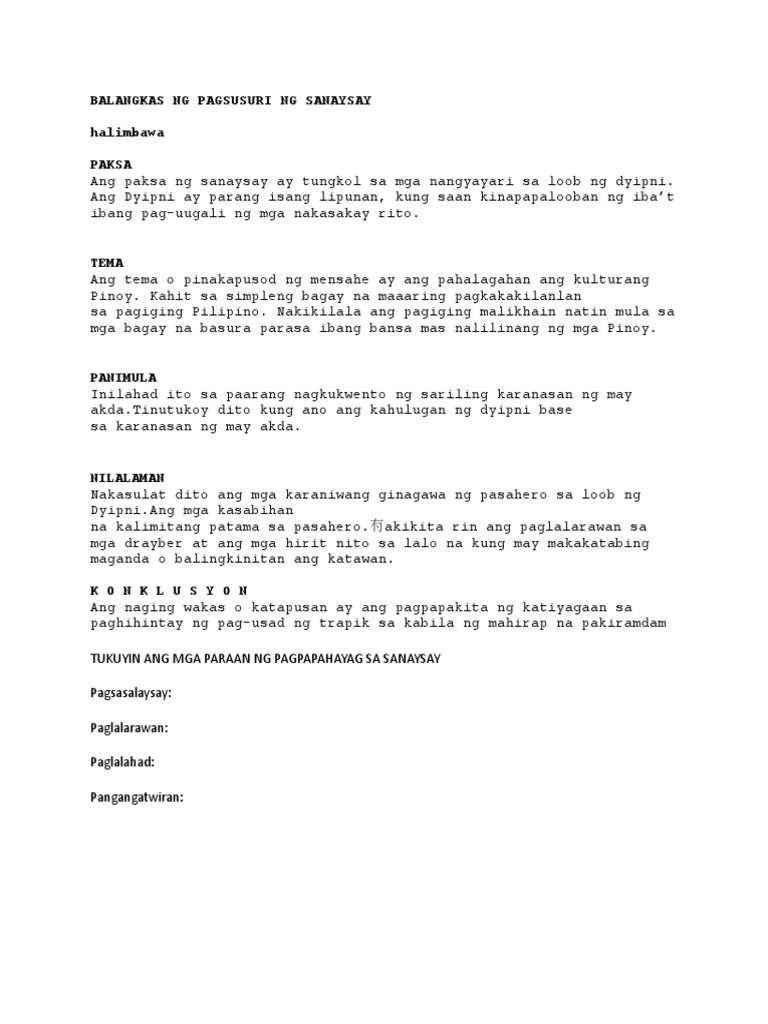 Balangkas Sa Pagsusuri NG Sanaysay | PDF