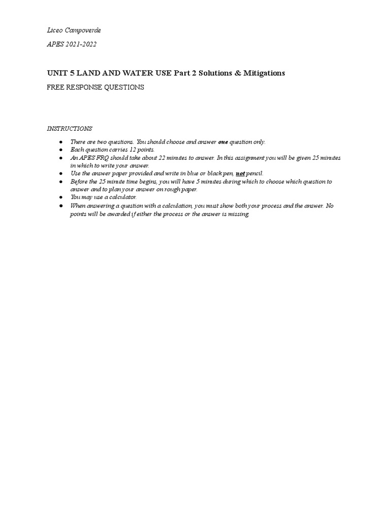 UNIT 5 LAND AND WATER USE Part 2 Solutions & Mitigations: Free Response ...