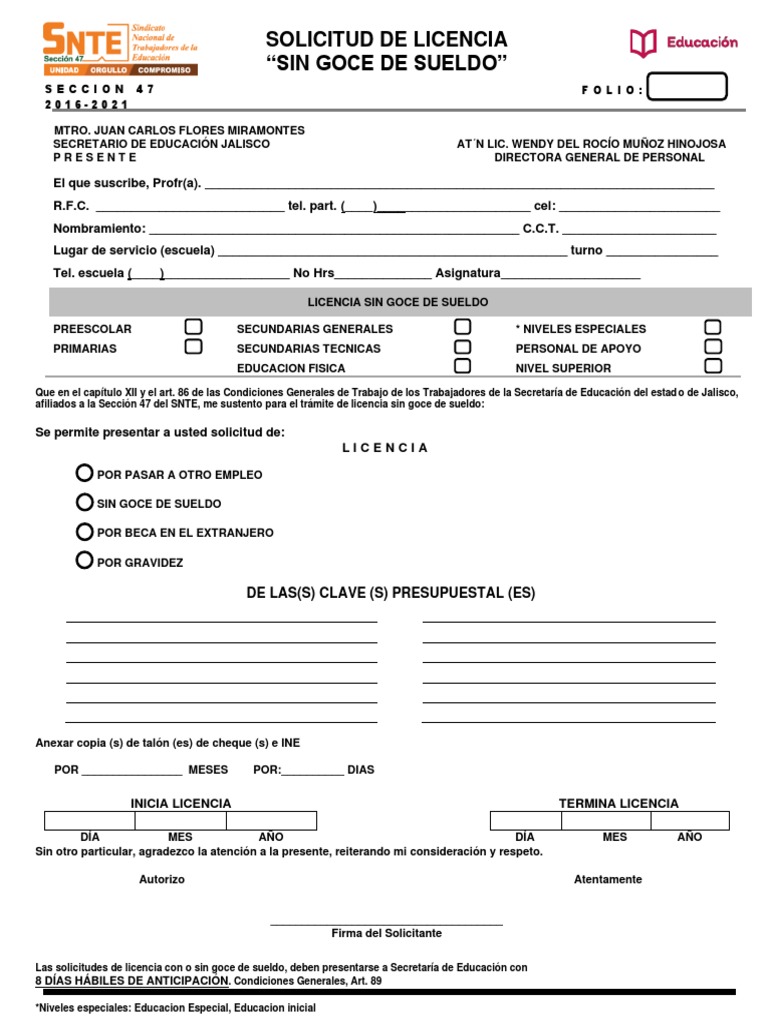 Formato de Licencia Sin Goce de Sueldo Snte | PDF