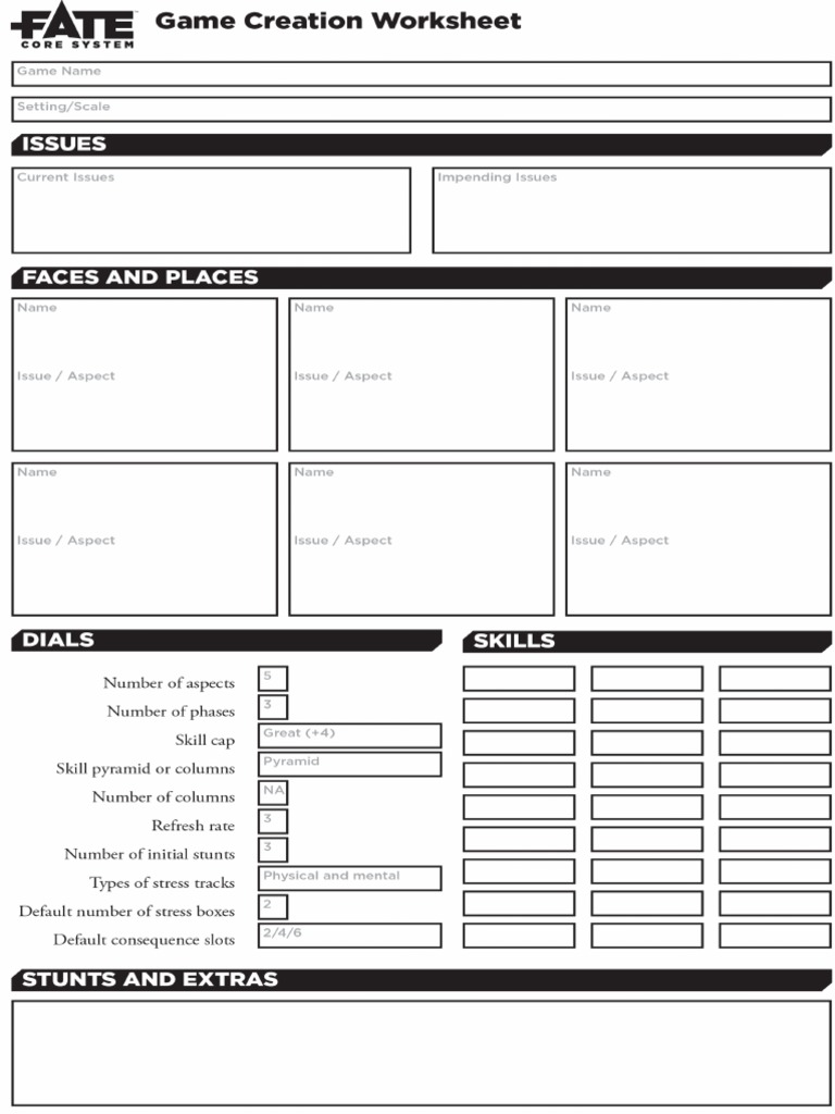 Fate Core Game Creation Worksheet Saveable Fillable Form - Printable ...