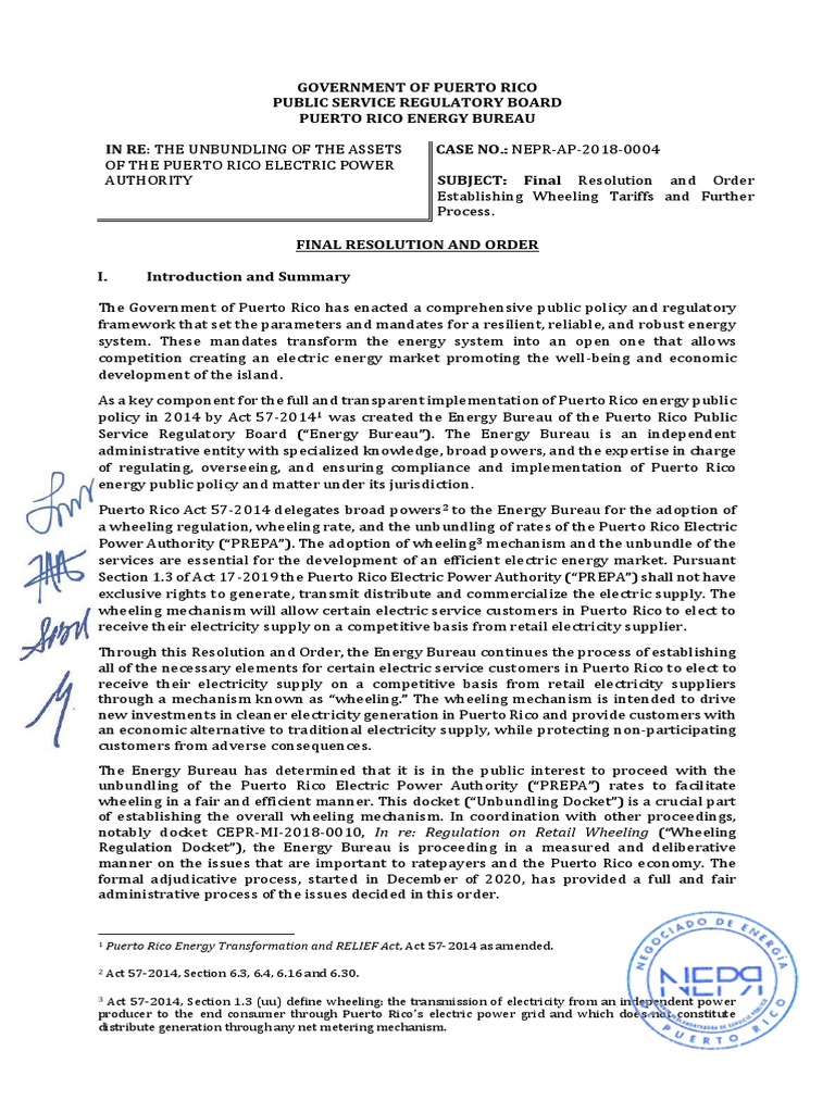 Puerto Rico Energy Bureau Wheeling Tariffs Order | PDF | Finance ...