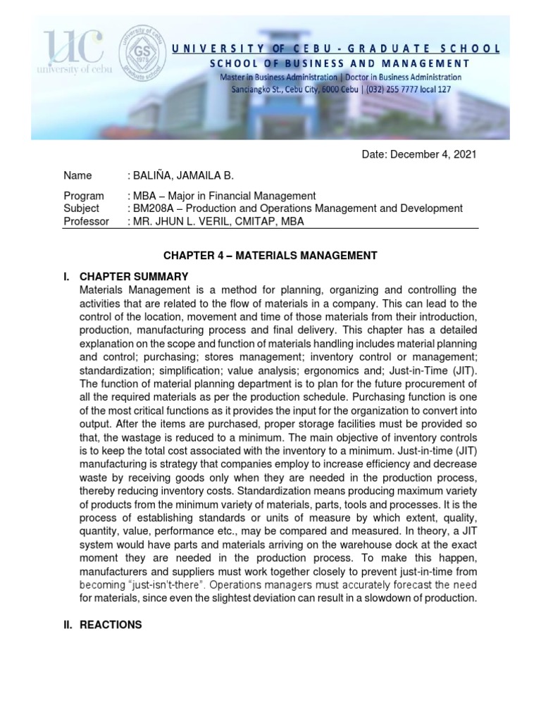 Materials Management I. Chapter Summary | PDF | Lean Manufacturing ...