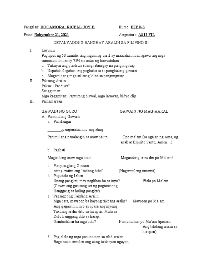 FS 1 Lesson Plan - Pandiwa (Grade 3) | PDF