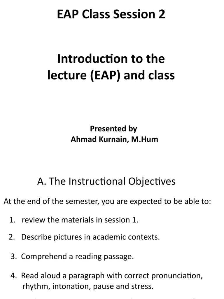 EAP Class Session 2 Introduction To The Lecture (EAP) and Class | PDF ...