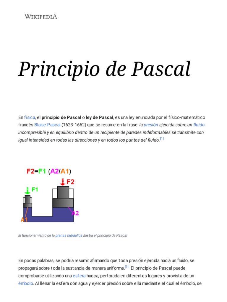 Principio de Pascal - Wikipedia, La Enciclopedia Libre | PDF | Ingeniería Química | Mecánica