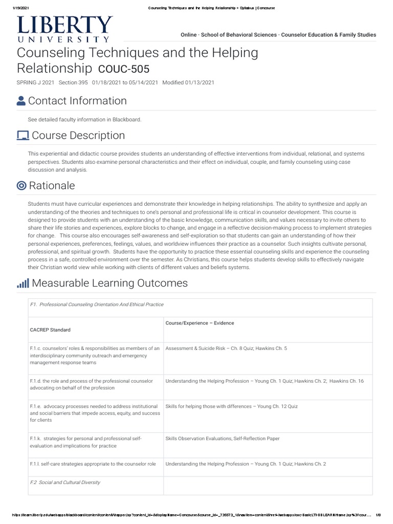Couc 505 Syllabus | PDF | Psychotherapy | School Counselor