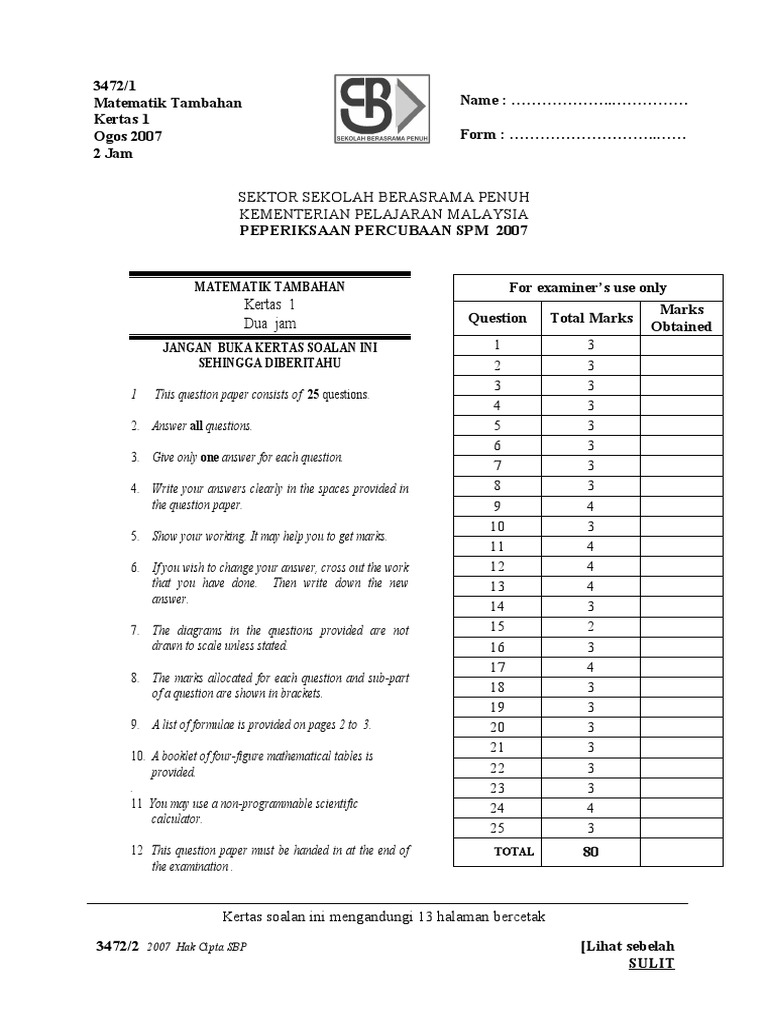 Add Math P1 Trial SPM SBP 2007 | PDF | Quadratic Equation | Equations