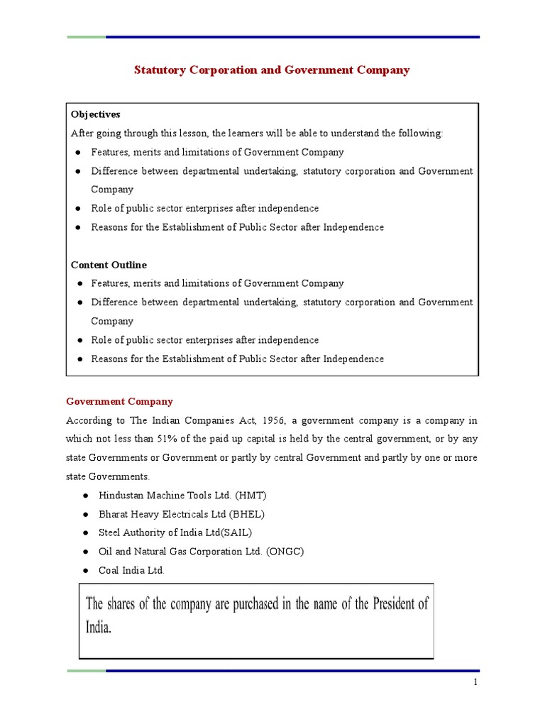 Statutory Corporation and Government Company | PDF | Infrastructure ...