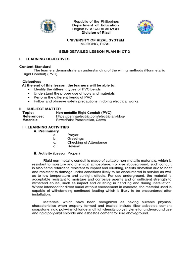 NON-METALLIC RIGID CONDUIT - Lesson Plan | PDF | Polyvinyl Chloride ...