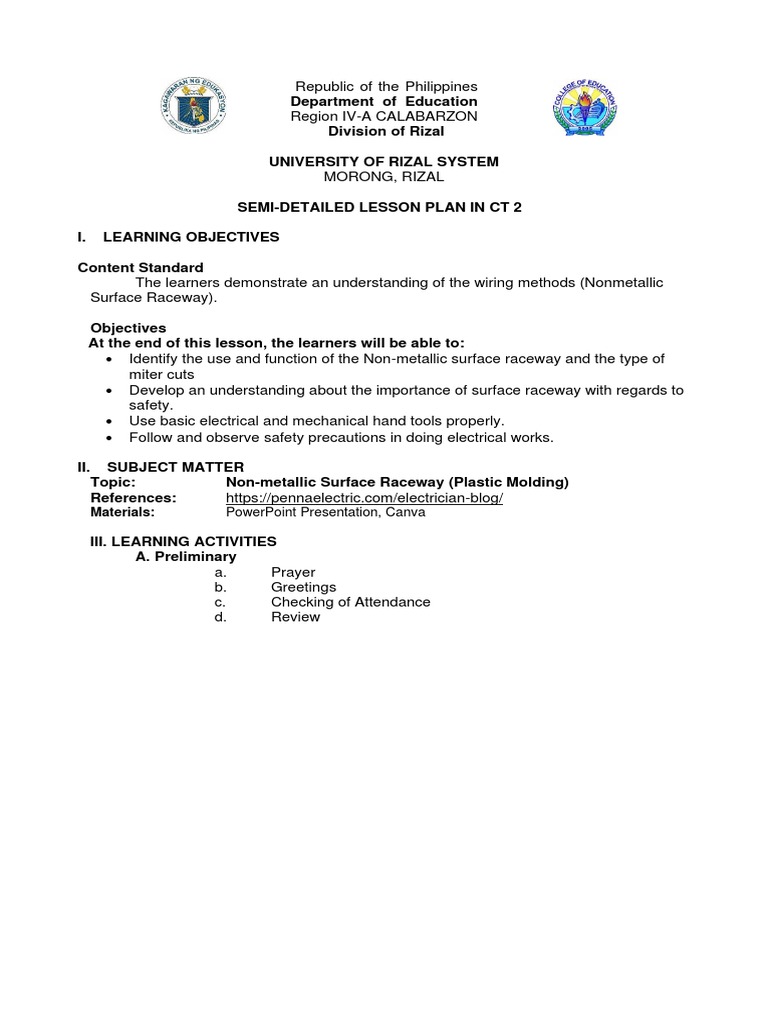 NON-METALLIC SURFACE RACEWAY - Lesson Plan | PDF | Manufactured Goods ...