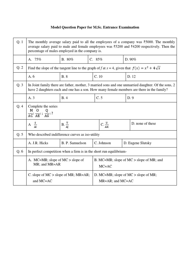 M.Sc. Entrance Exam Model Question Paper | PDF | Teaching Methods ...