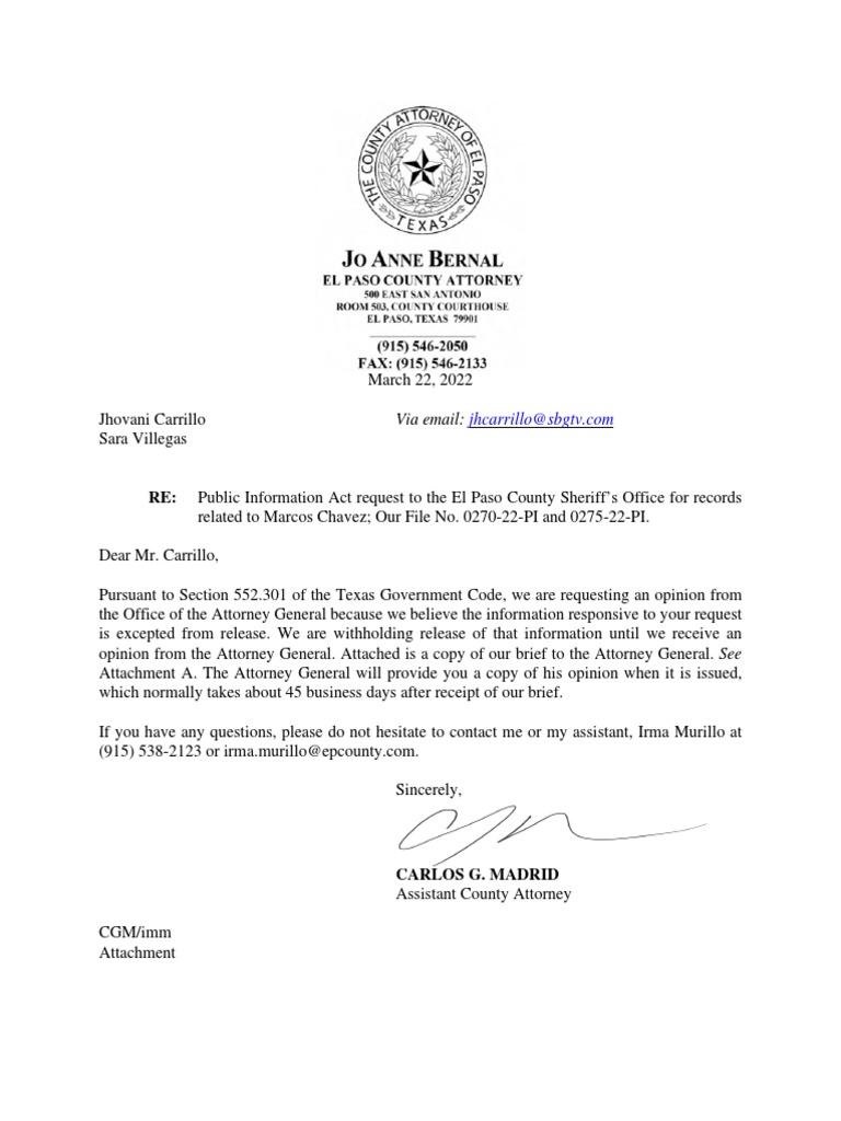Letters From The El Paso County Attorney's Office About Marcos Chavez ...