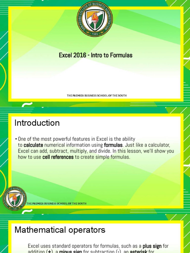 Excel 2016 - Intro To Formulas | PDF | Formula | Microsoft Excel