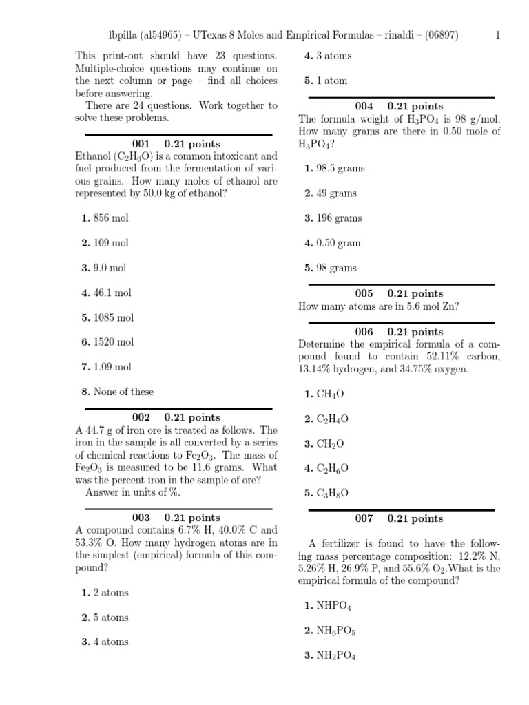 Mole Concept and Empirical Formulas | PDF | Mole (Unit) | Gases