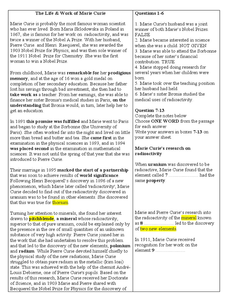 The Life & Work of Marie Curie | PDF | Marie Curie | Chemical Elements