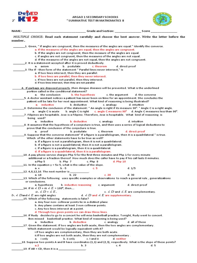 Grade 8 Math Summative Test Q2 | PDF | Theorem | Mathematical Proof
