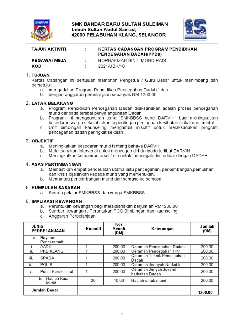 Kertas Cadangan Program Pendidikan Pencegahan Dadah | PDF