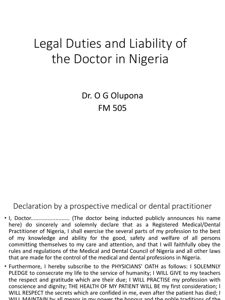 Legal Duties and Liability of The Doctor in Nigeria: Dr. O G Olupona FM ...
