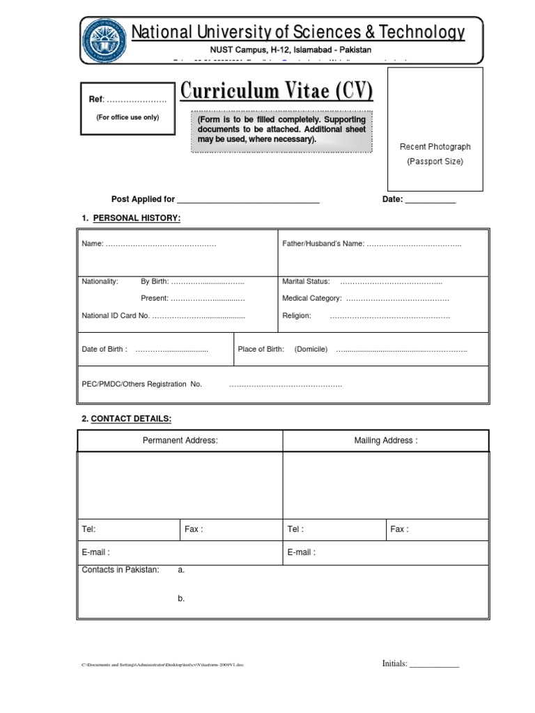 Nust Job Form | PDF | Doctor Of Medicine | Master Of Science