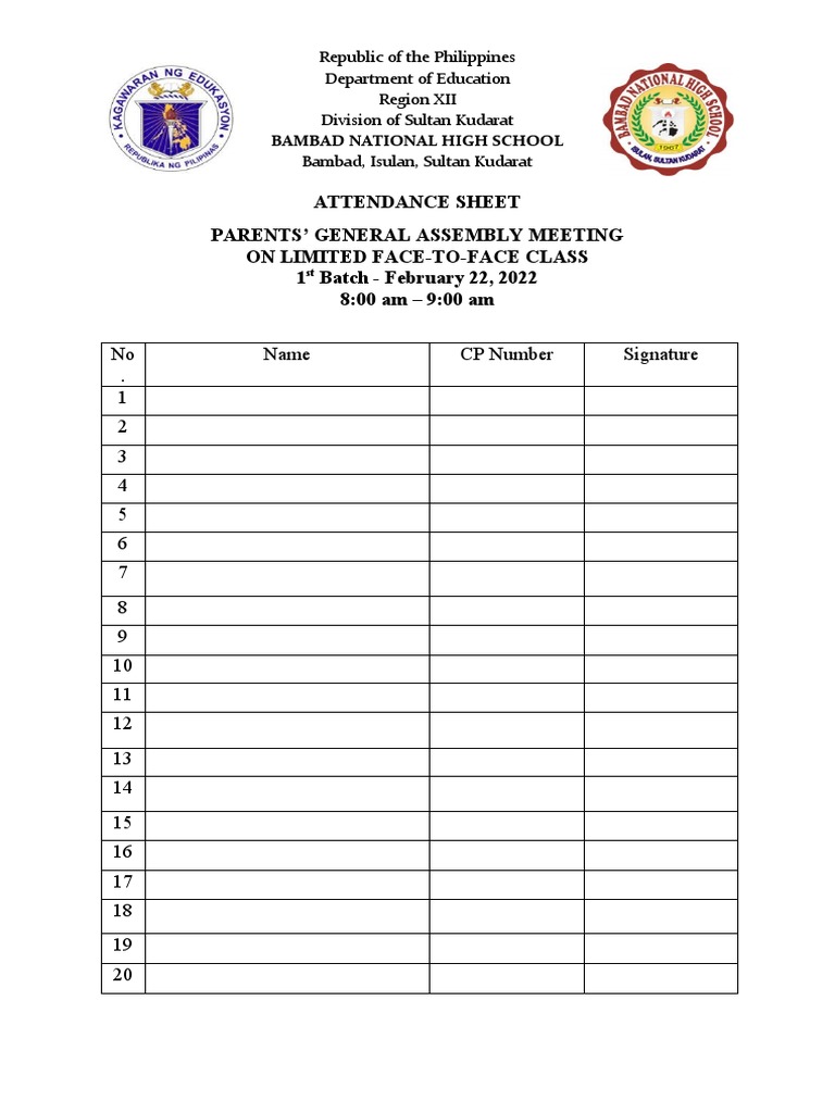 Attendance Sheet Parents' General Assembly Meeting On Limited Face-To ...