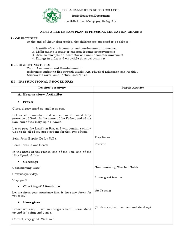 Detailed Lesson Plan in Physical Education Grade 2 | PDF | Prayer ...