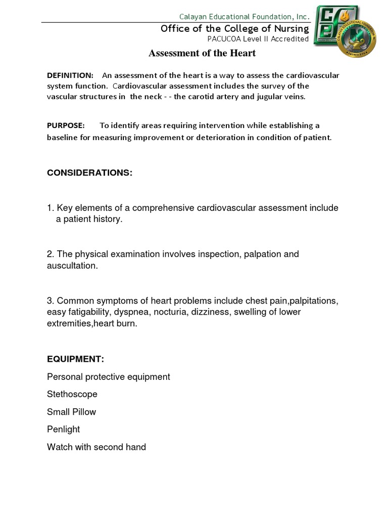 Assessment of Heart - CHECKLIST | PDF | Heart | Physical Examination