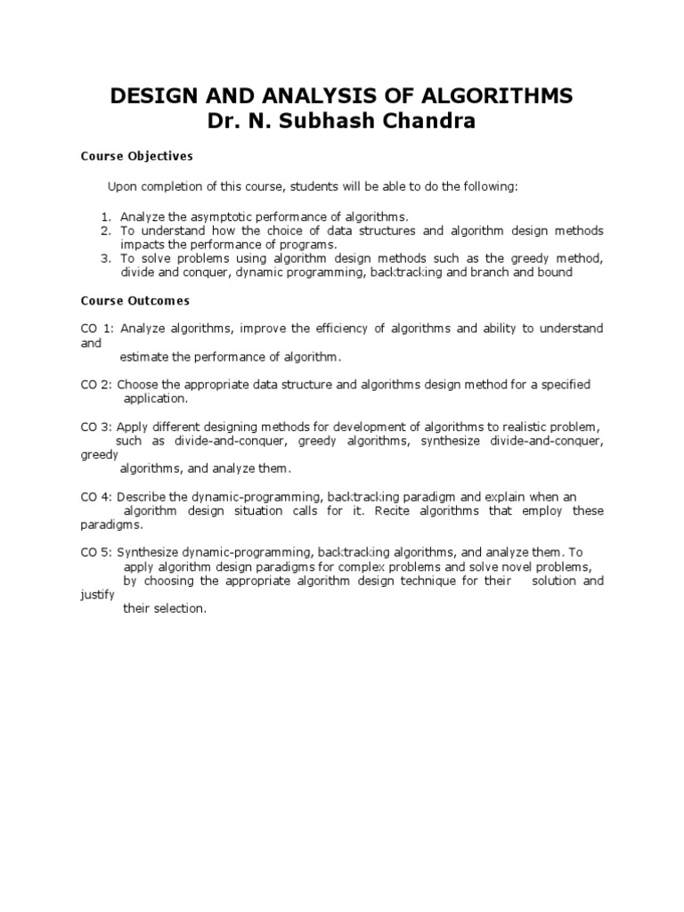 Design and Analysis of Algorithms Dr. N. Subhash Chandra: Course ...
