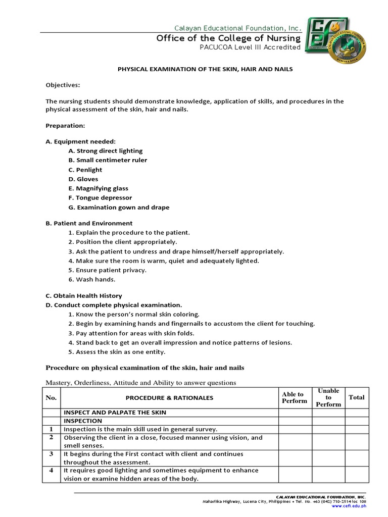 Checklist-Skin Hair and Nails Assessment | PDF