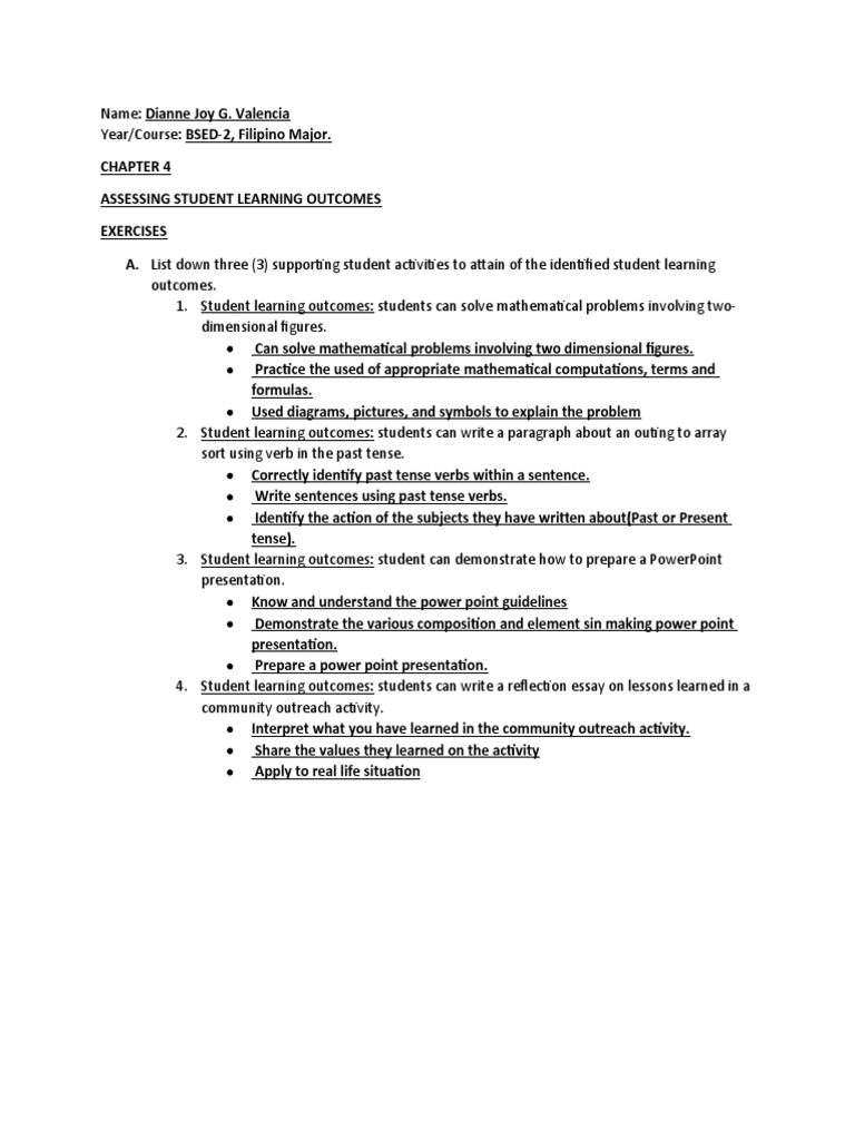 Assessing Student Learning Outcomes Exercises A. List Down Three (3 ...