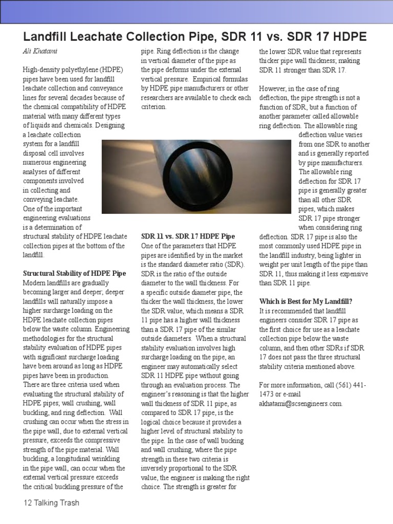 Landfill Leachate Collection Pipe, SDR 11 vs. SDR 17 HDPE: Ali Khatami ...