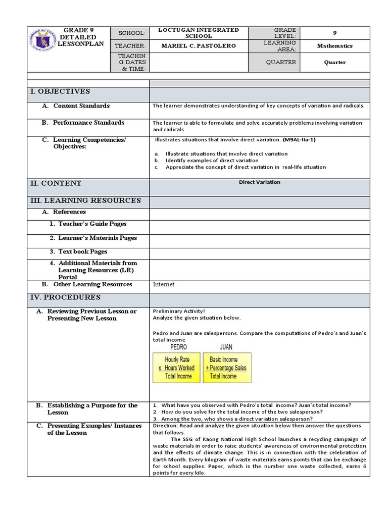 Grade 9 Direct Variation Lesson Plan | PDF | Learning | Teachers
