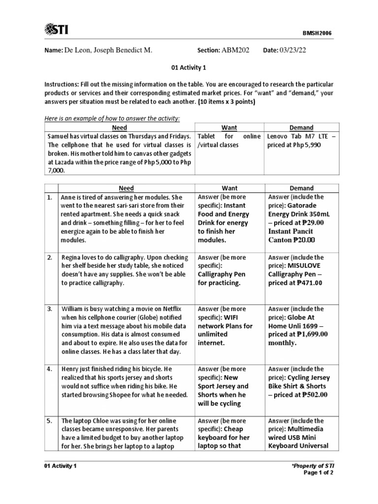 De Leon, Joseph Benedict M. ABM202 03/23/22: Name: Section: Date: 01 Activity 1 | PDF | Laptop ...