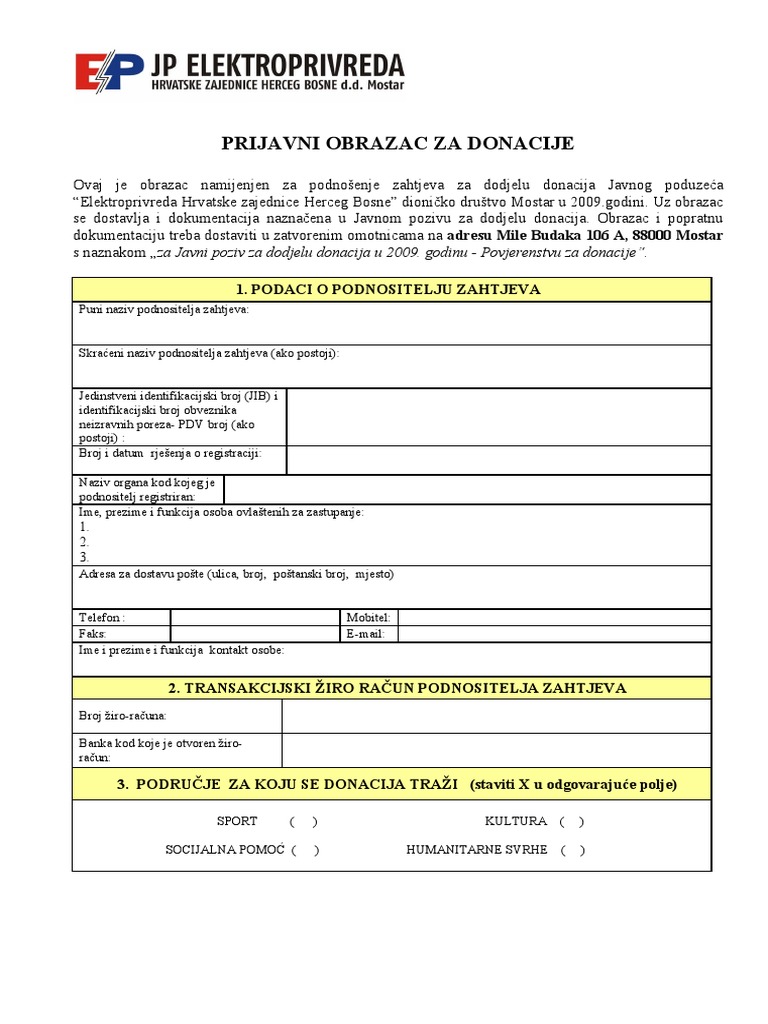 Prijavni Obrazac Za Donacije | PDF