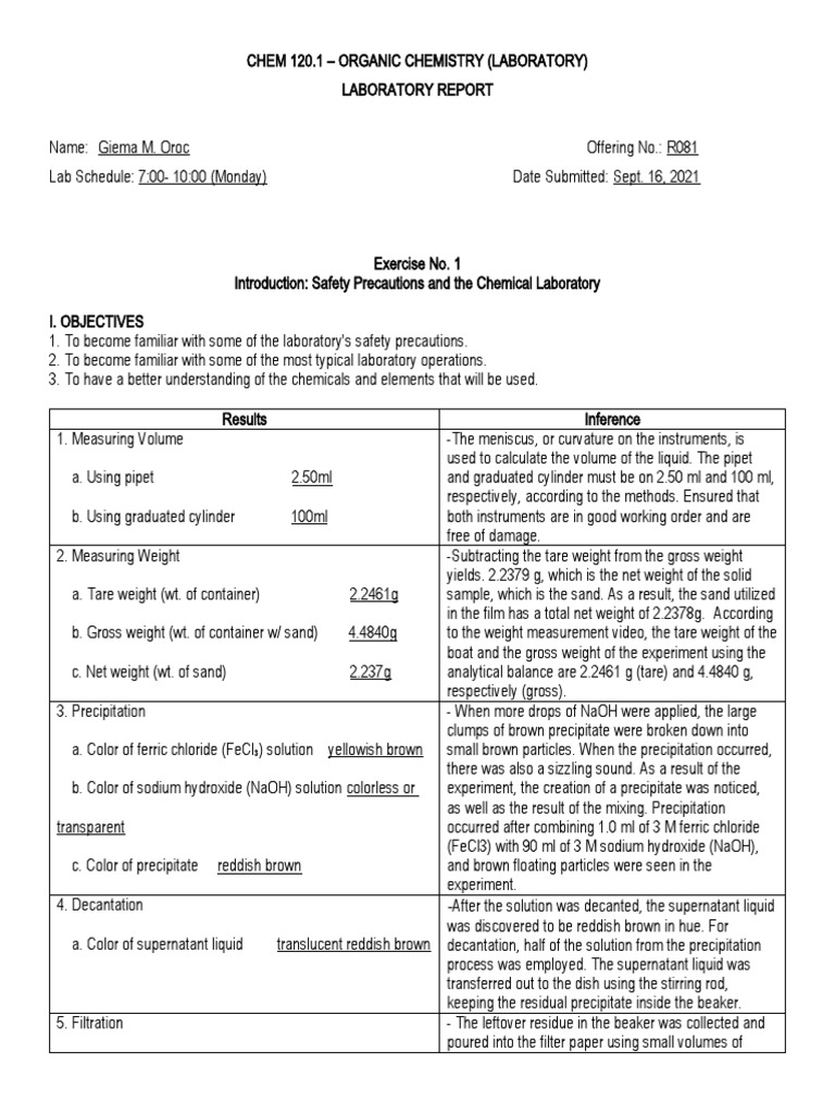 Chem 120.1 Lab Sheet (Exercise No. 1) | PDF | Precipitation (Chemistry ...