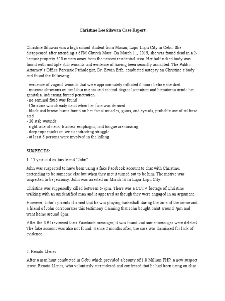 Christine Lee Silawan Case Report | PDF | Crime & Violence | Law ...