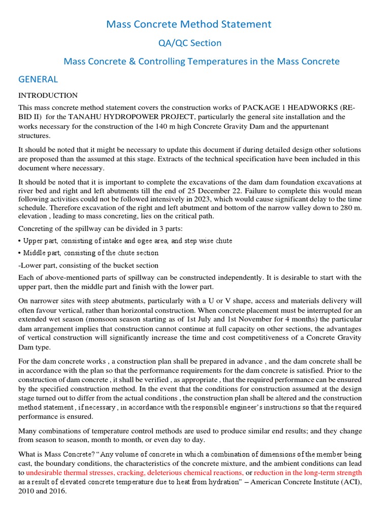 MASS CONCRETE METHOD STATEMENT - Final | PDF | Concrete | Dam