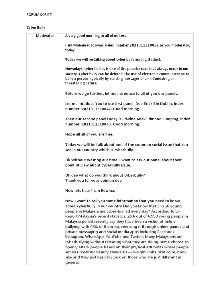 Forum Script - Cyber Bully | PDF | Cyberbullying | Bullying