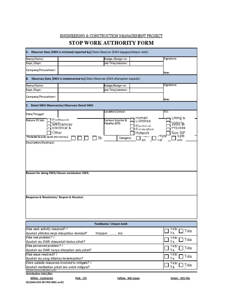C822444-COR-HS-FRM-0001 Stop Work Authority (SWA) Form Rev 2 (Jan 16) | PDF | Transport
