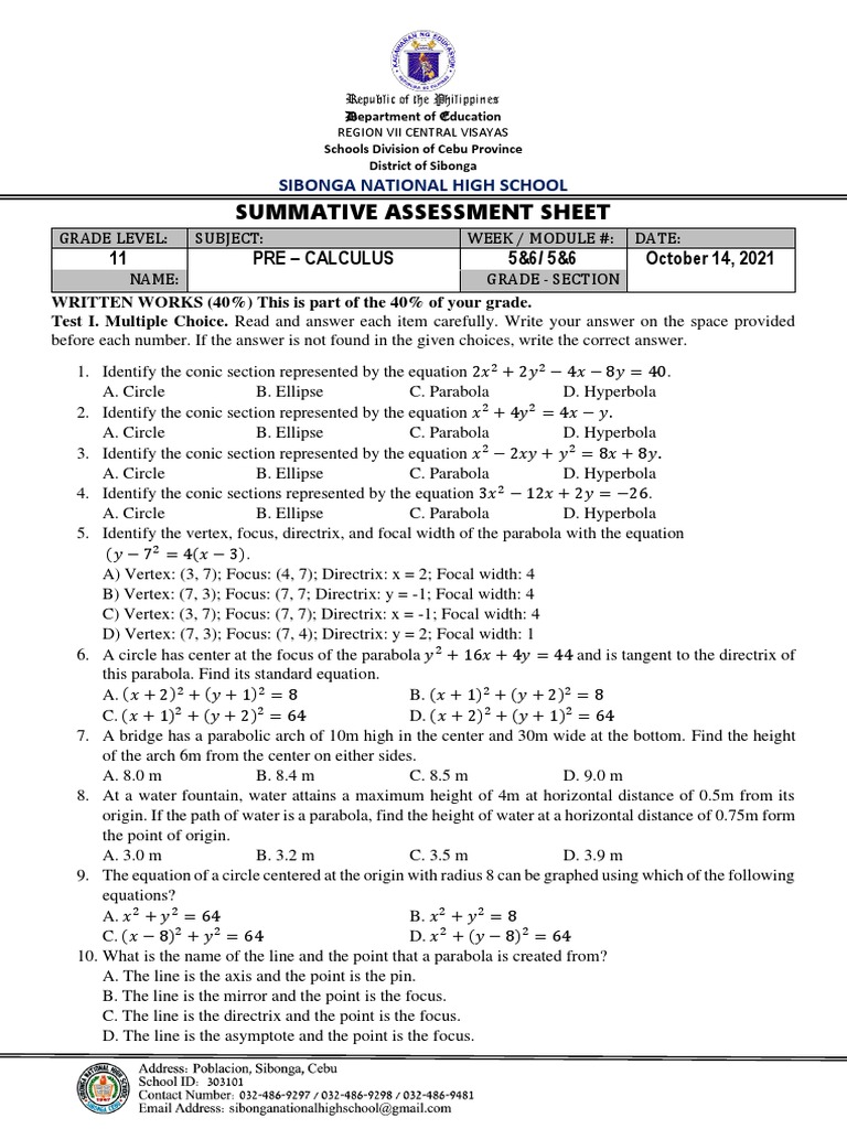 Pre-Calculus Summative Assessment Sheet | PDF | Ellipse | Manifold