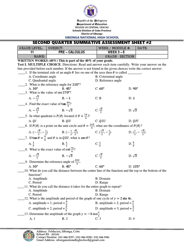 Grade 11 Pre-Calculus Quarter 2 Exam | PDF | Trigonometric Functions ...