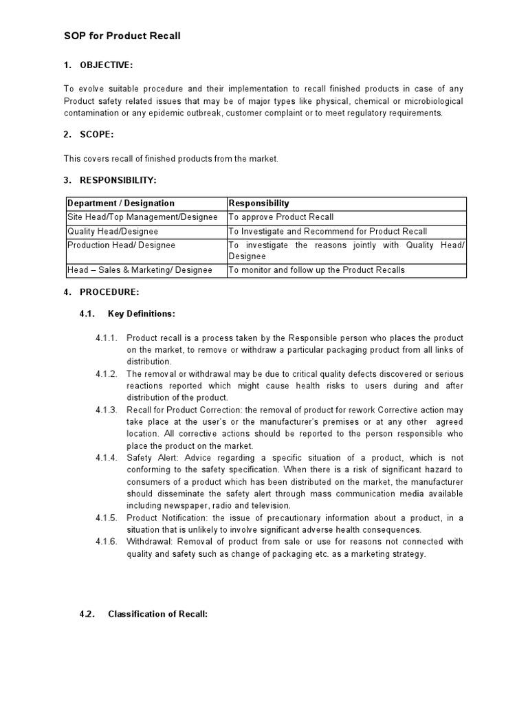 SOP For Product Recall | PDF | Packaging And Labeling | Safety