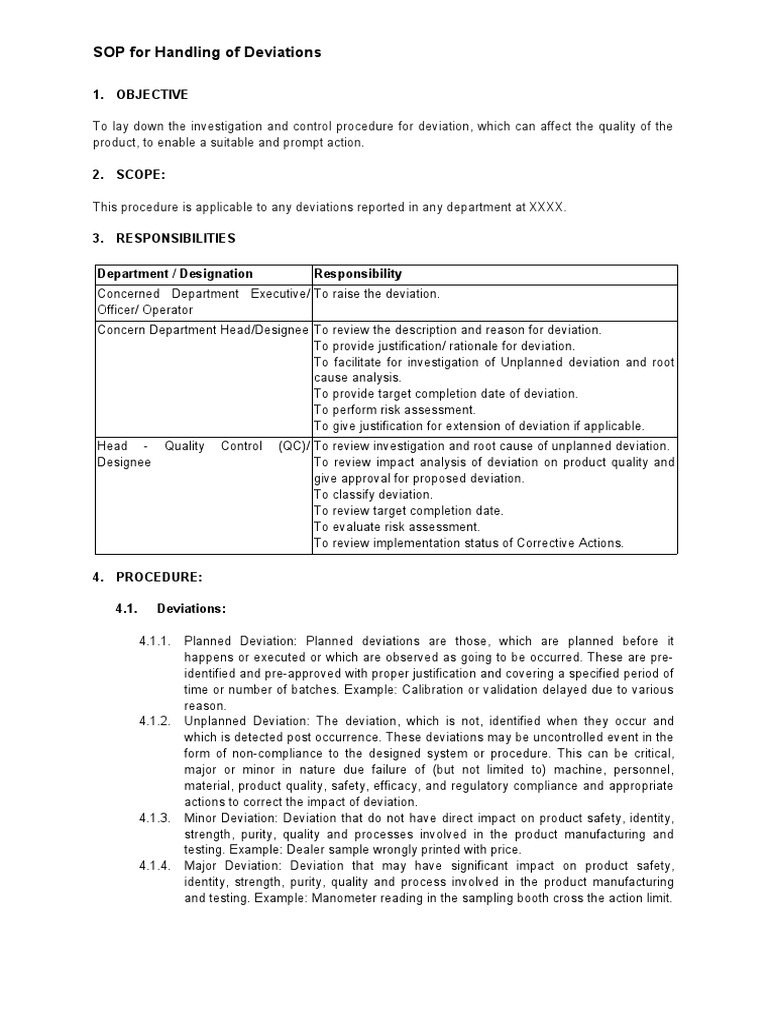 SOP For Handling of Deviations | PDF | Risk | Risk Assessment