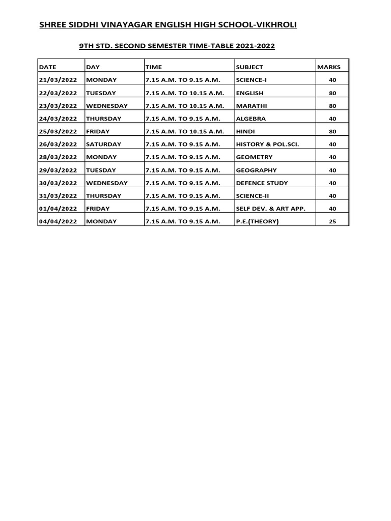 9th STD Second Sem Time Table | PDF | Technology & Engineering