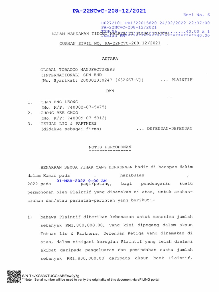 Plaintiff's Notice of Application (For Directions) Dated 24.2.2022 ...